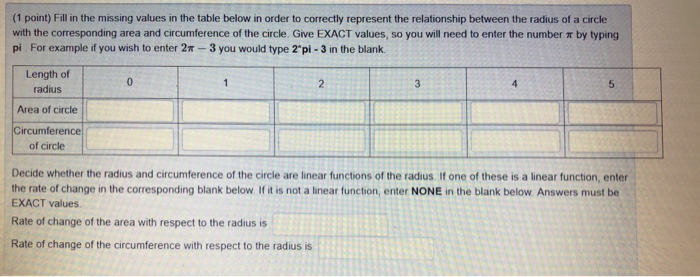 Solved (1 point) Fill in the missing values in the table | Chegg.com