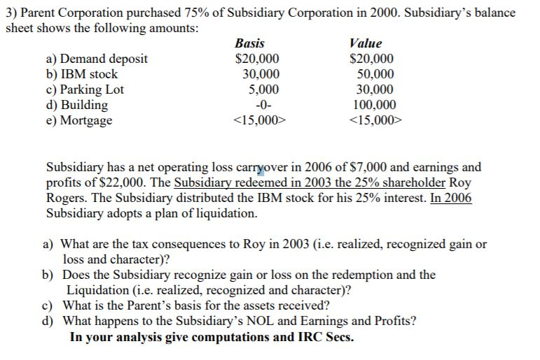 Solved 3) Parent Corporation purchased 75% of Subsidiary | Chegg.com