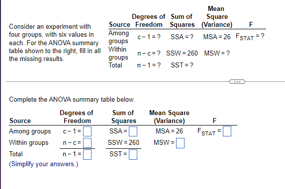 Solved Mean Degrees of Sum of Square Consider an experiment | Chegg.com