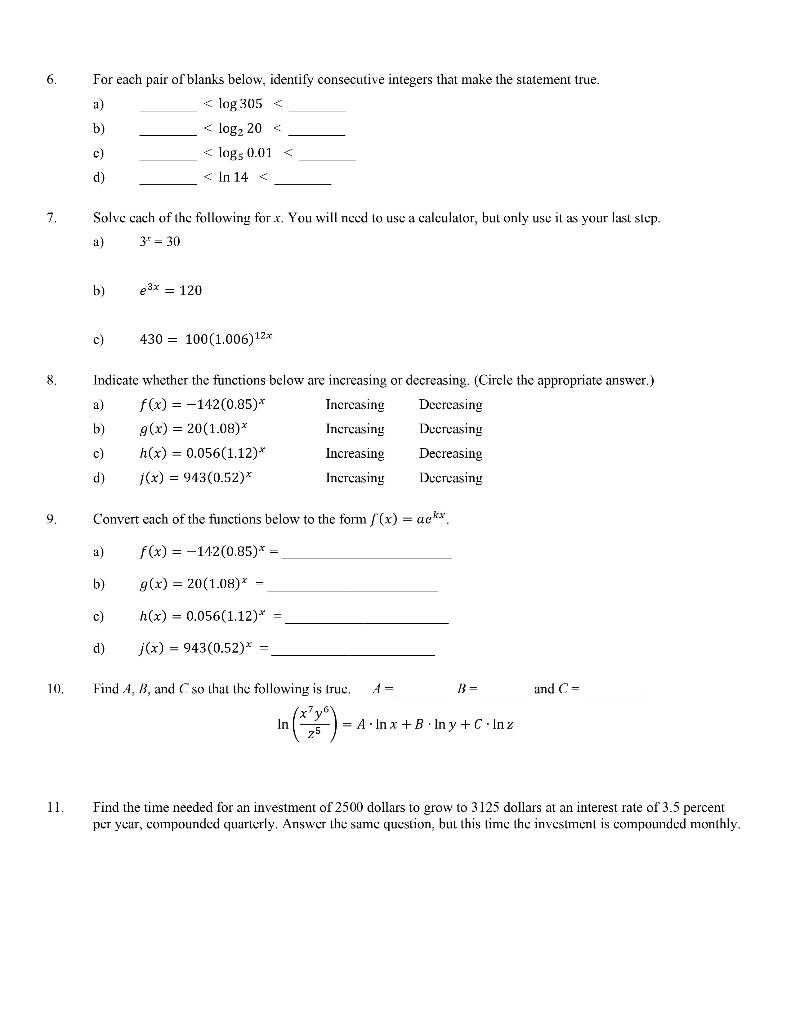 Solved Exponential and Logarithmic Function Worksheet MAT | Chegg.com