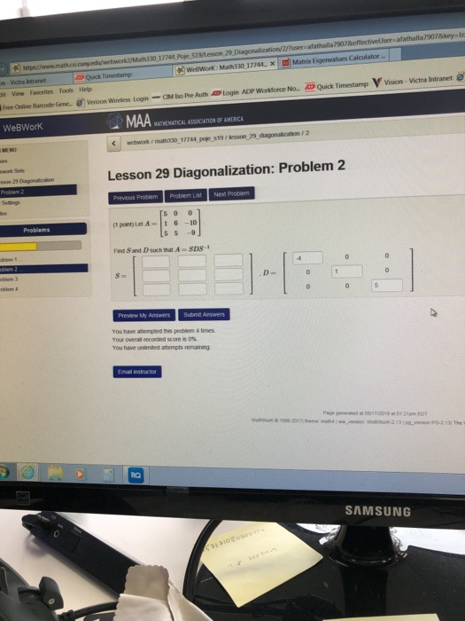 Solved 2/Math330 17744 Poje 519/Lesson 29 Diagonalizat | Chegg.com