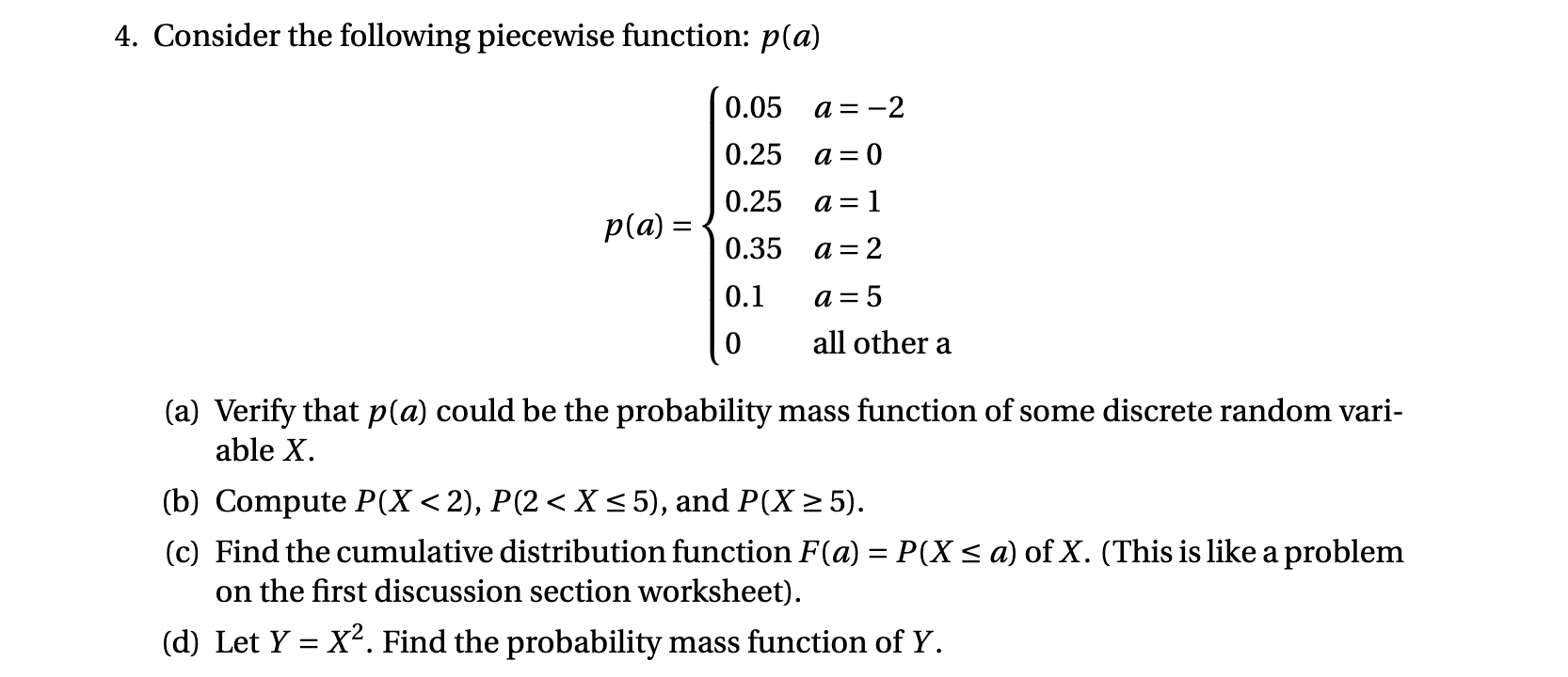 Solved 4. Consider the following piecewise function: p(a) | Chegg.com