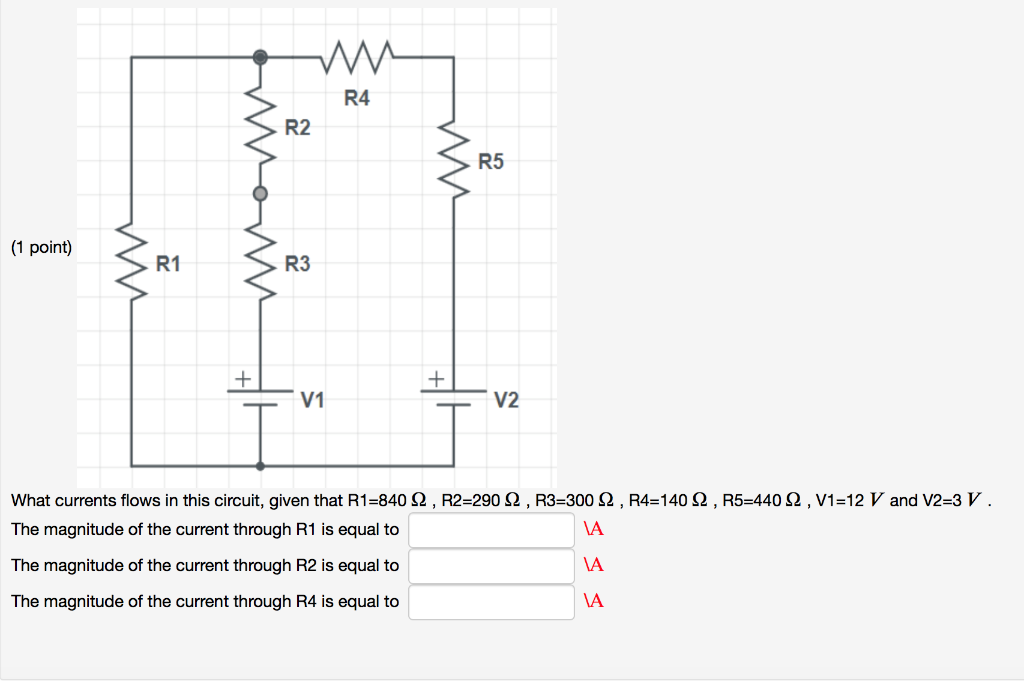 Solved R1 R2 R3 1 point)T V2 R5 R4 What currents flows in | Chegg.com