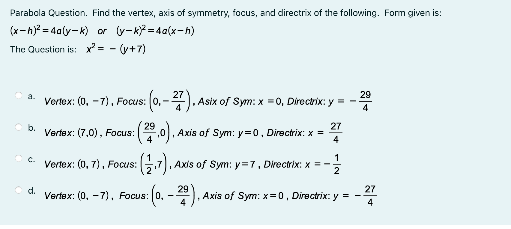 Solved Parabola Question. Find the vertex, axis of symmetry, | Chegg.com
