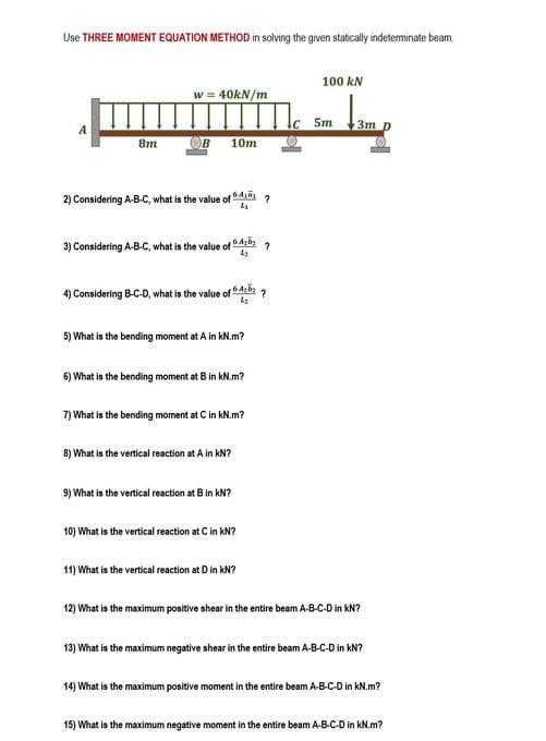 Solved Use THREE MOMENT EQUATION METHOD in solving the given | Chegg.com