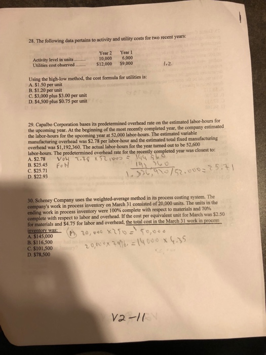 Solved 28. The following data pertains to activity and | Chegg.com