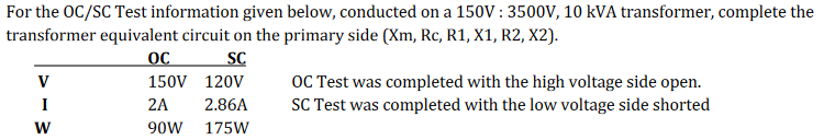 Solved For the OC/SC Test information given below, conducted | Chegg.com