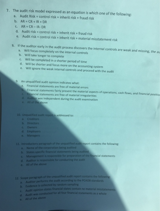 Solved The audit risk model expressed as an equation is | Chegg.com