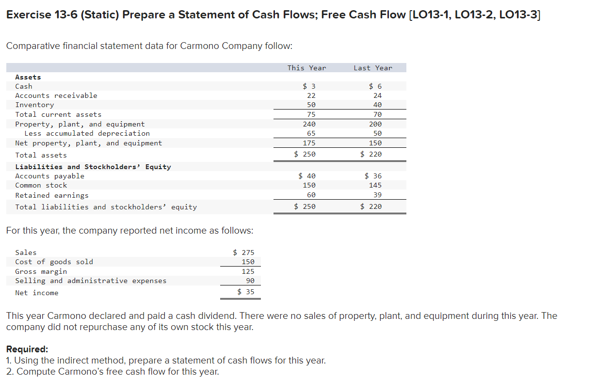 Solved Exercise 13-6 (Static) ﻿Prepare a Statement of Cash | Chegg.com