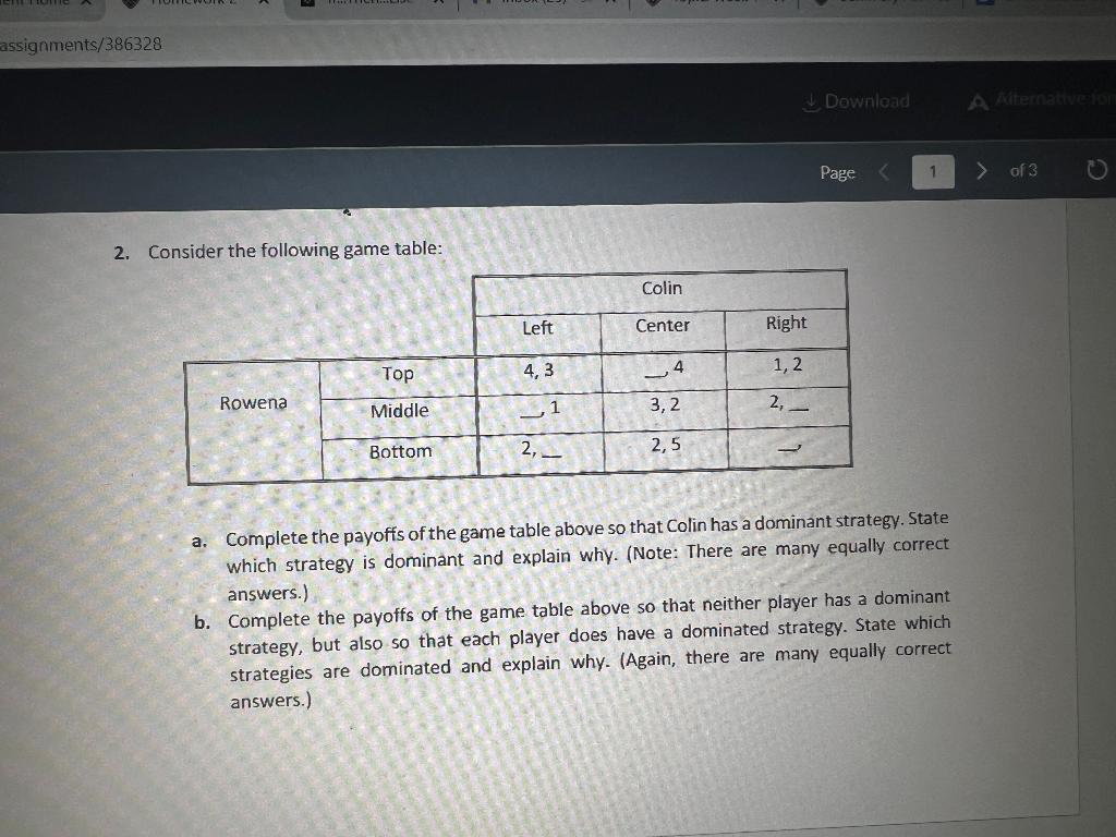 Solved 2. Consider the following game table: a. Complete the | Chegg.com