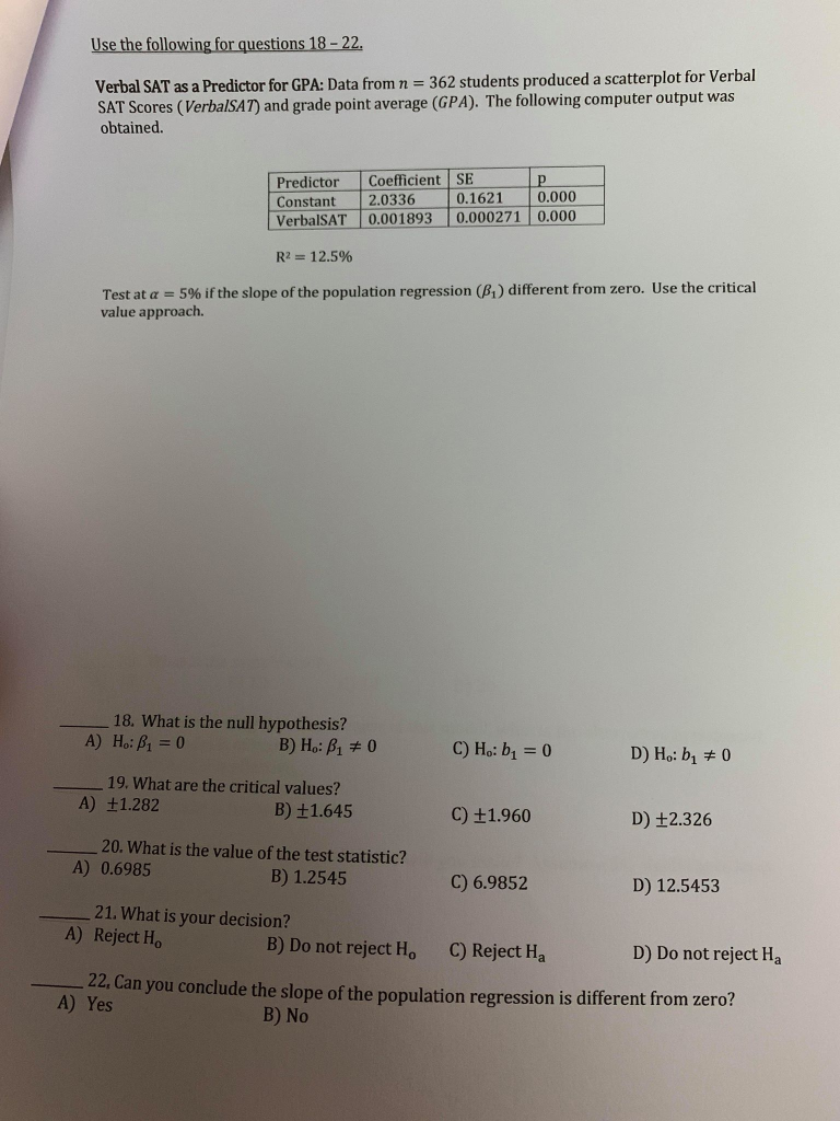 Solved Use the following for questions 18 - 22. Verbal SAT | Chegg.com