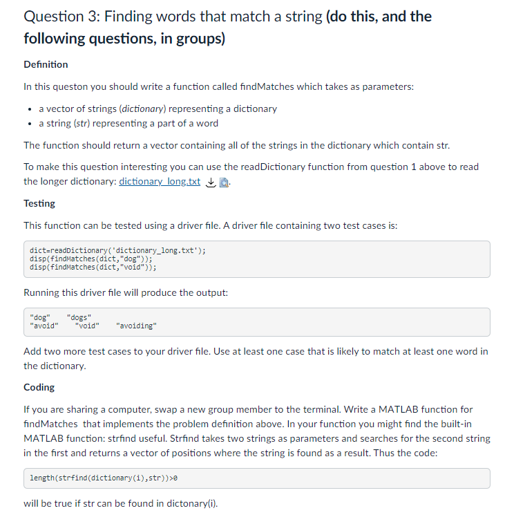 Solved Question 3: Finding words that match a string (do | Chegg.com