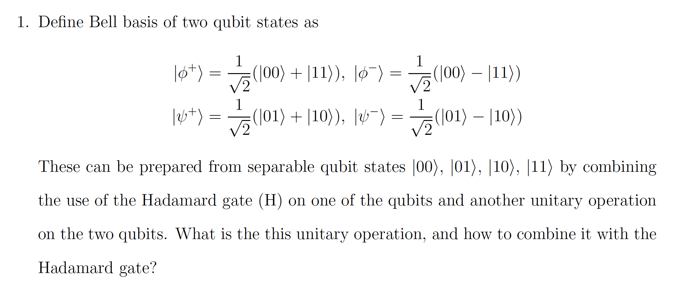 Solved 1. Define Bell basis of two qubit states as 1 1 18+) | Chegg.com