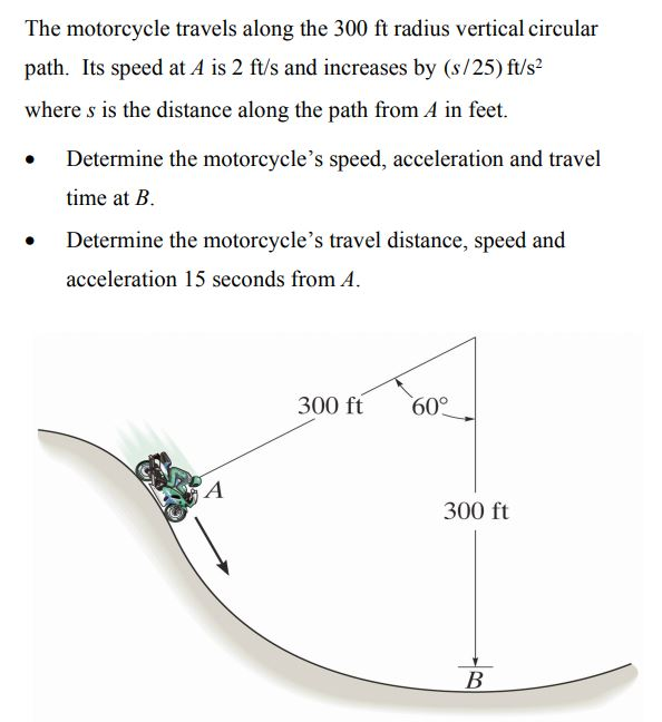 Solved The motorcycle travels along the 300 ft radius | Chegg.com