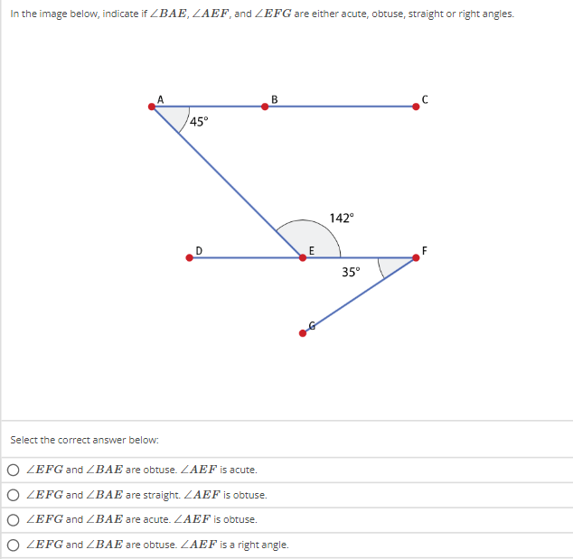 Solved In the image below, indicate if ∠BAE,∠AEF, and ∠EFG | Chegg.com