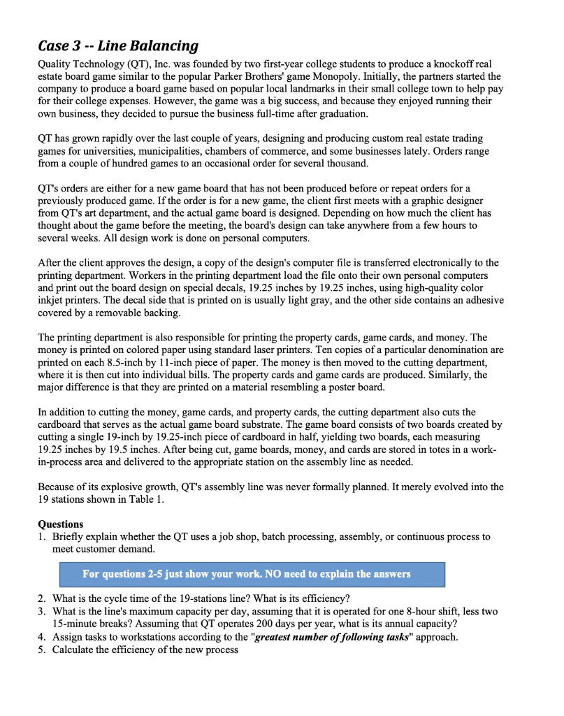 Solved Case 3 -- Line Balancing Quality Technology (QT), | Chegg.com