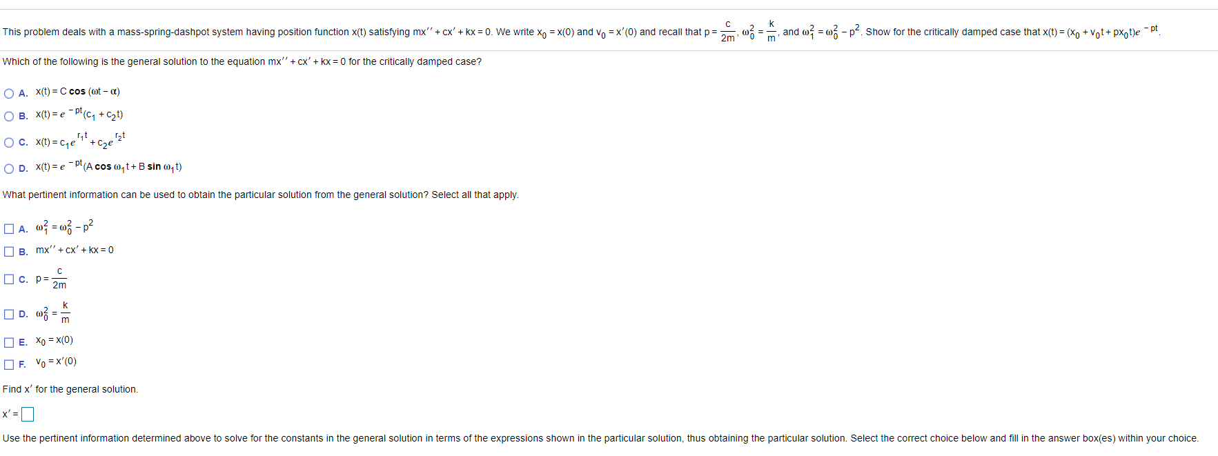 Solved This problem deals with a mass-spring-dashpot system | Chegg.com