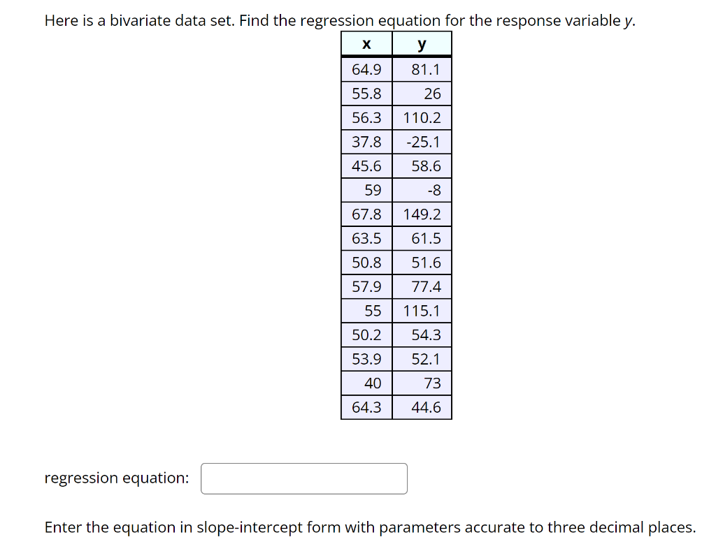 Solved Here is a bivariate data set. Find the regression | Chegg.com
