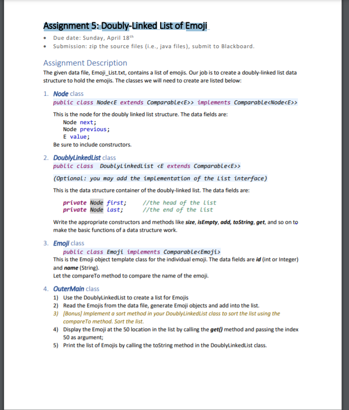 Assignment 5: Doubly-Linked List of Emoji • Due date: | Chegg.com