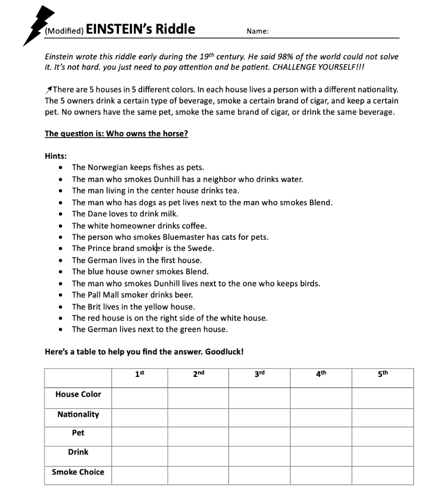 Solved Einstein wrote this riddle early during the 19th | Chegg.com