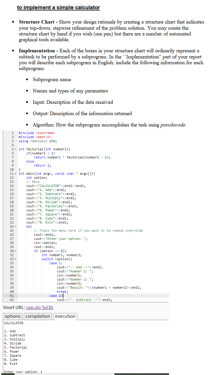 Solved to implement a simple calculator Structure Chart - | Chegg.com