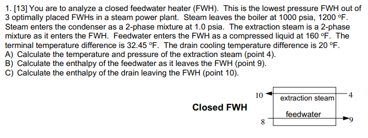 1. [13] You are to analyze a closed feedwater heater | Chegg.com