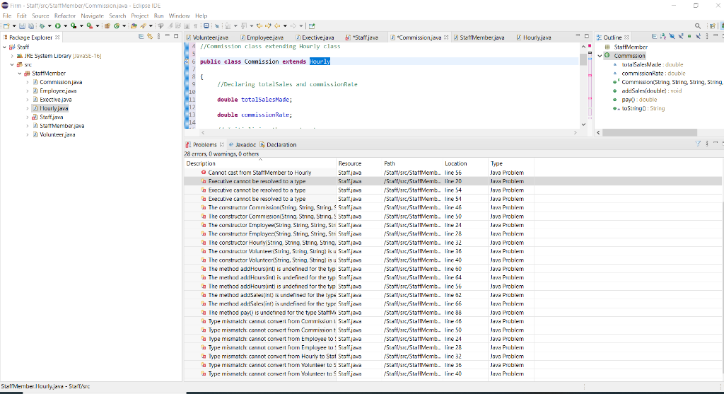 Solved Commissionjava Staff Member.java Hourly.jave Outline | Chegg.com
