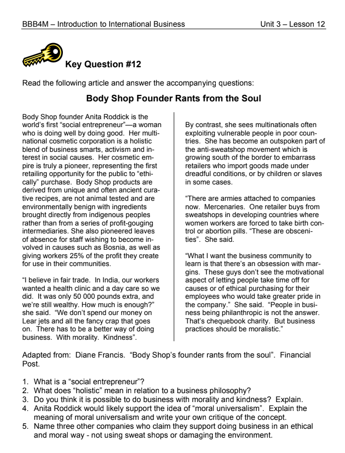 Solved BBB4M – Introduction to International Business Unit 3 | Chegg.com