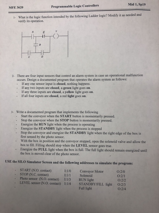 Solved Mid 1, Sp19 MFE 3620 Programmable Logie Controllers | Chegg.com