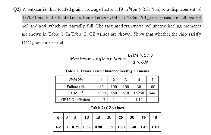 Solved a Q2) A bulkcarrier has loaded grain, stowage factor | Chegg.com