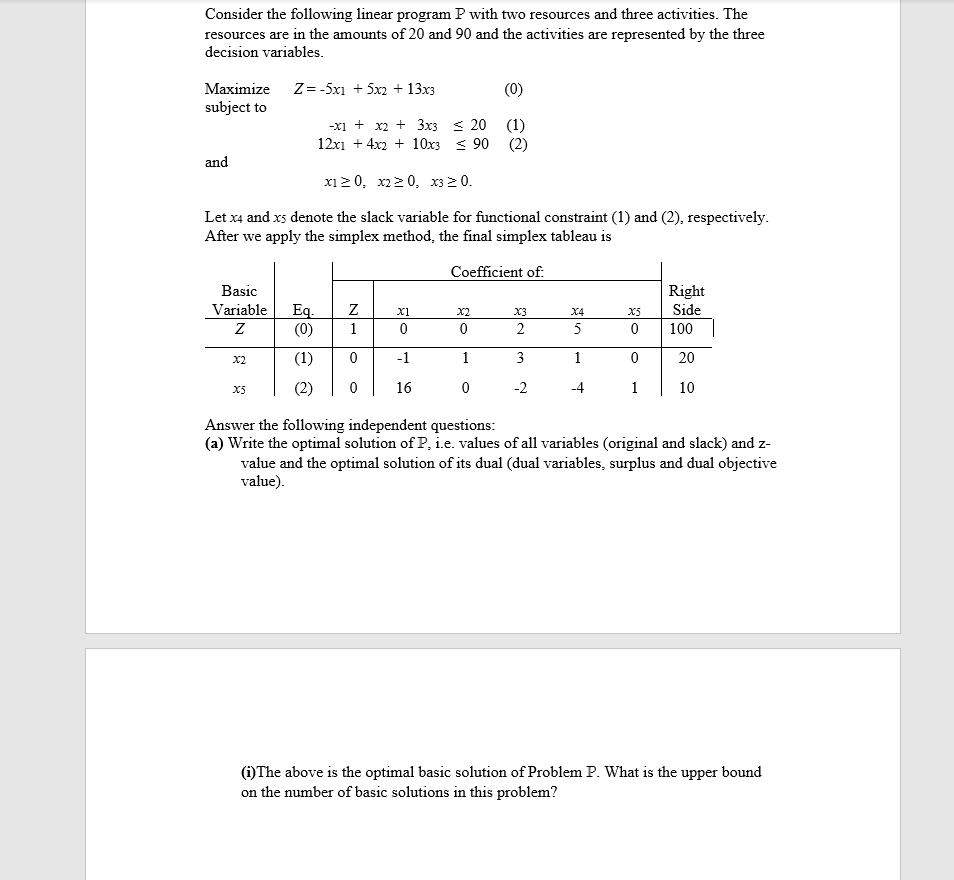 Solved Consider the following linear program P with two | Chegg.com