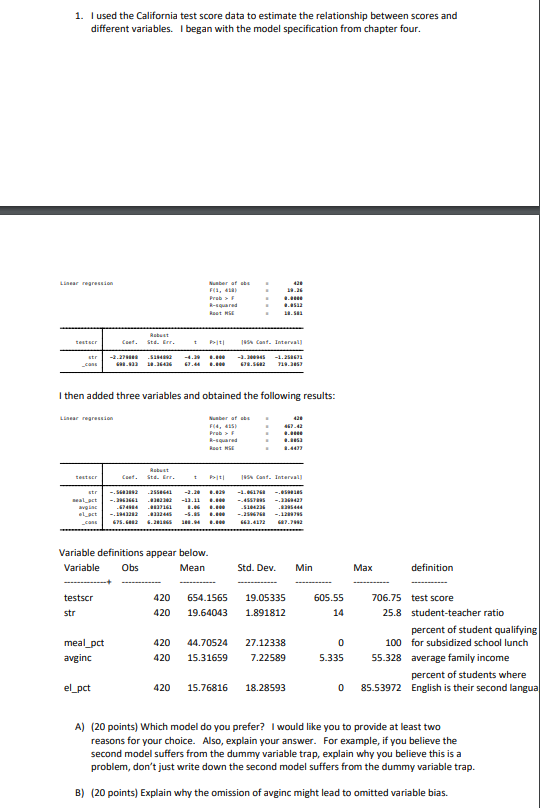Solved 1. I used the California test score data to estimate | Chegg.com