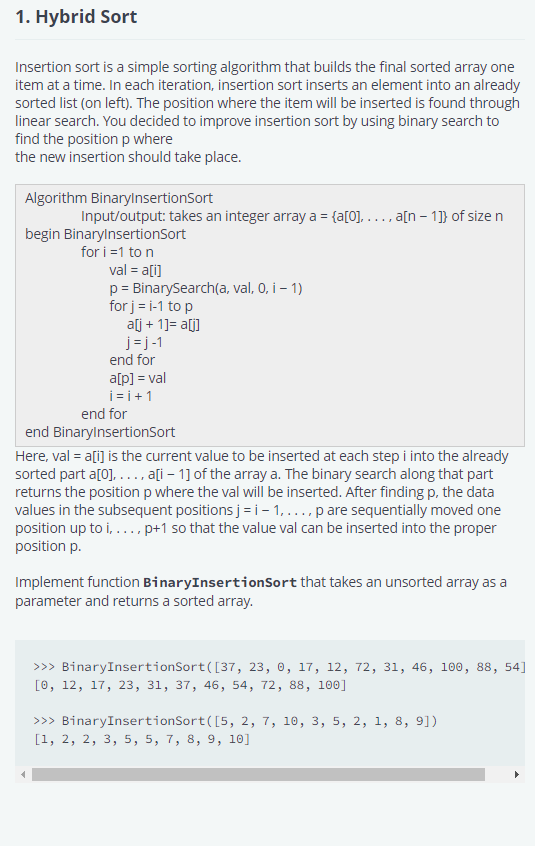 Solved 1. Hybrid Sort Insertion sort is a simple sorting | Chegg.com