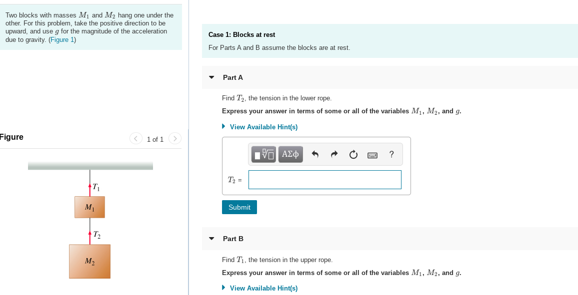 Solved Two blocks with masses M1 and M2 hang one under | Chegg.com