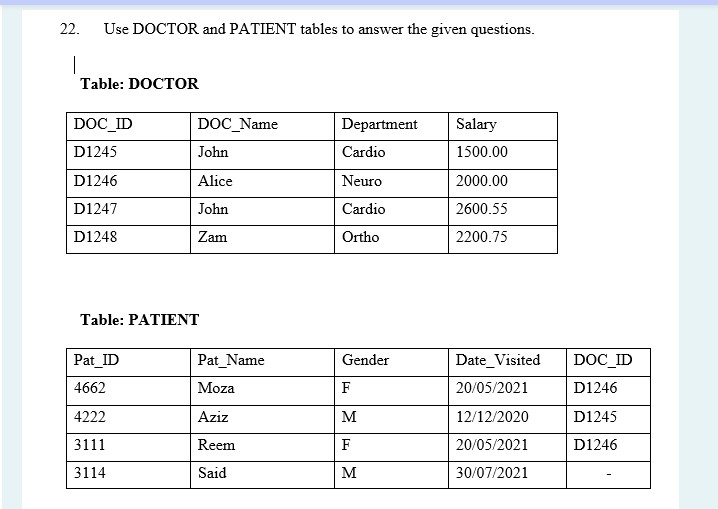 Solved 22. Use DOCTOR and PATIENT tables to answer the given | Chegg.com
