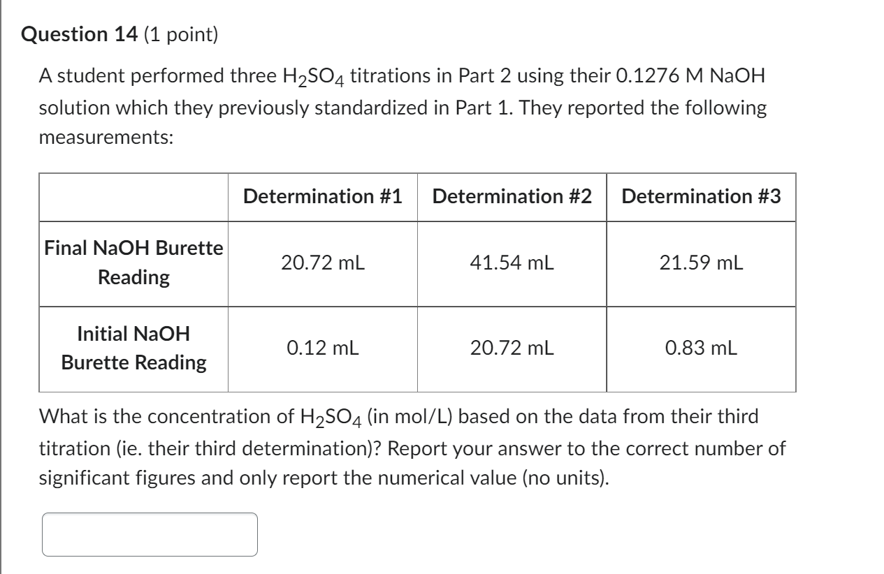 A student performed three H2SO4 titrations in Part 2 | Chegg.com