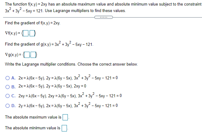 Solved The function f(x,y) = 2xy has an absolute maximum | Chegg.com
