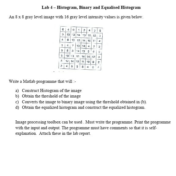 Solved Lab 4 - Histogram, Binary and Equalised Histogram An | Chegg.com