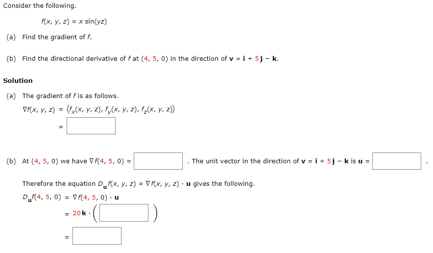 Solved Consider the following. f(x,y,z)=xsin(yz) (a) Find | Chegg.com