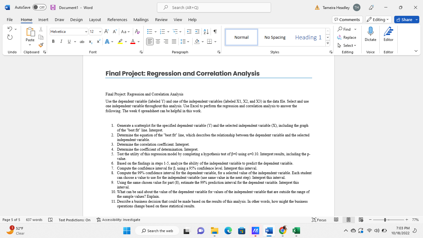 Final Project: Regression and Correlation Analysis | Chegg.com