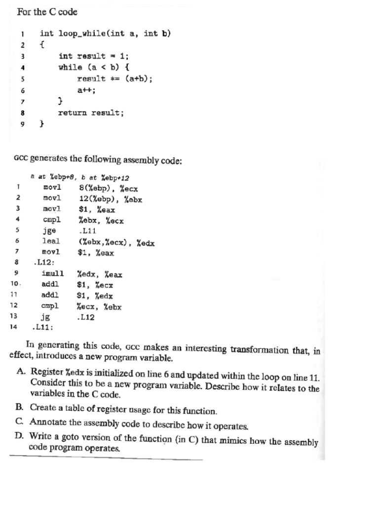 For the C code 1 int loop while(int a, int b) int | Chegg.com