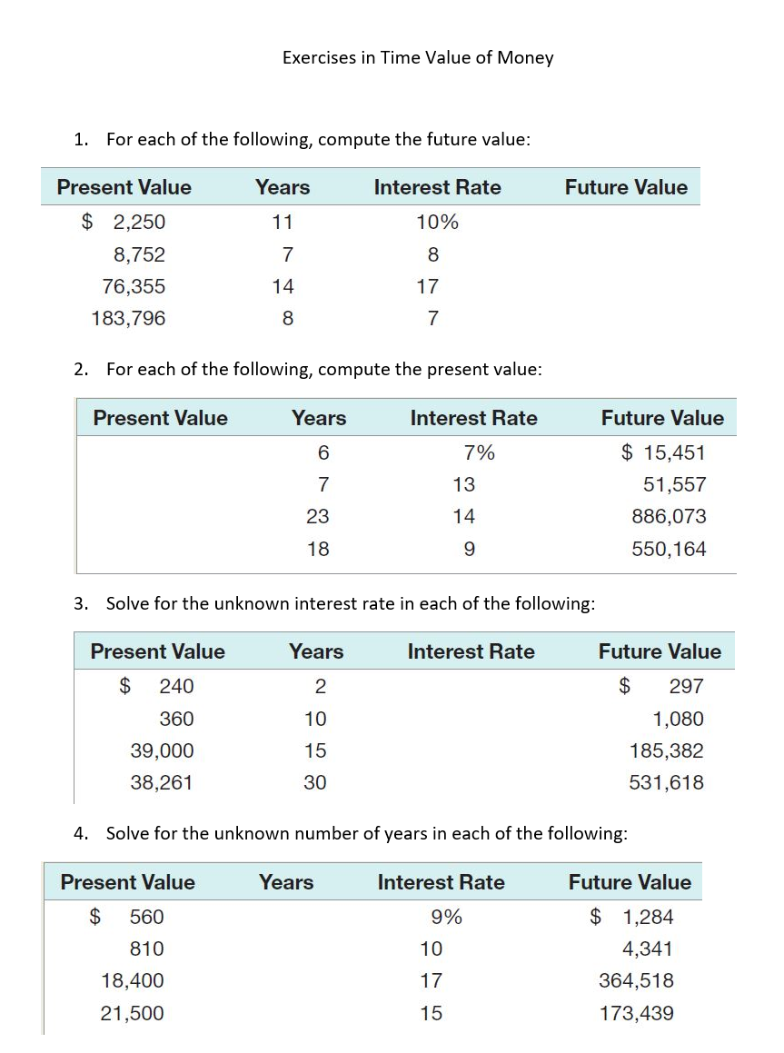 Solved Exercises in Time Value of Money 1. For each of the | Chegg.com