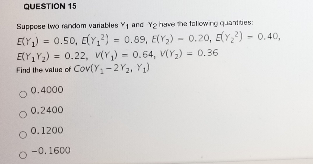 Solved QUESTION 15 Suppose two random variables Y1 and Y2 | Chegg.com