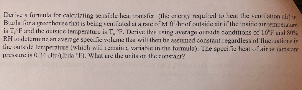 Derive a formula for calculating sensible heat | Chegg.com
