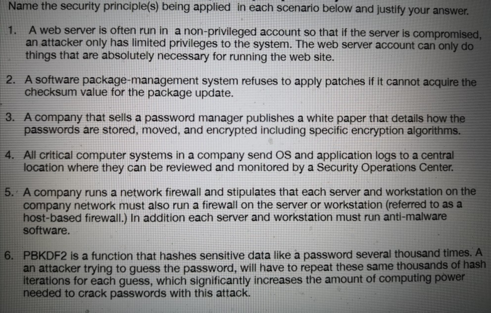 Name the security principle(s) being applied in each | Chegg.com