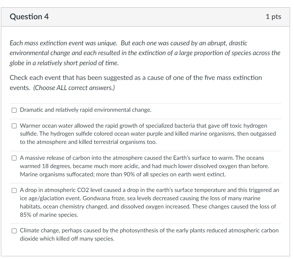 Solved Question 3 1 pts major mass extinction/s in A major | Chegg.com
