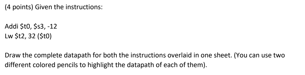 Solved (4 points) Given the instructions: Addi $ to, $s3,−12 | Chegg.com