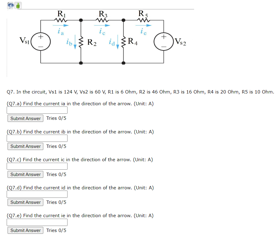 Solved Q7. In the circuit, Vs 1 is 124 V,Vs2 is 60 V,R1 is | Chegg.com