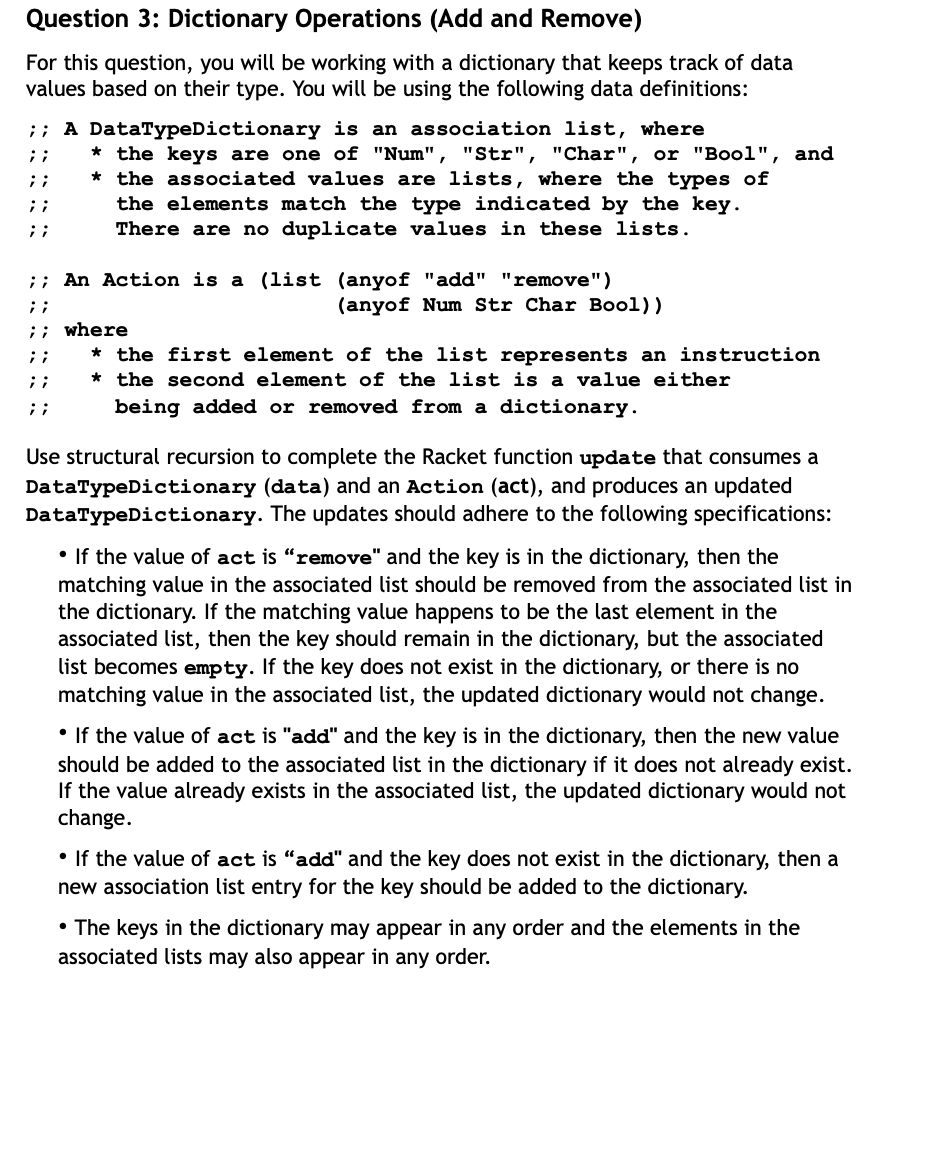 Question 3: Dictionary Operations (Add and Remove) | Chegg.com