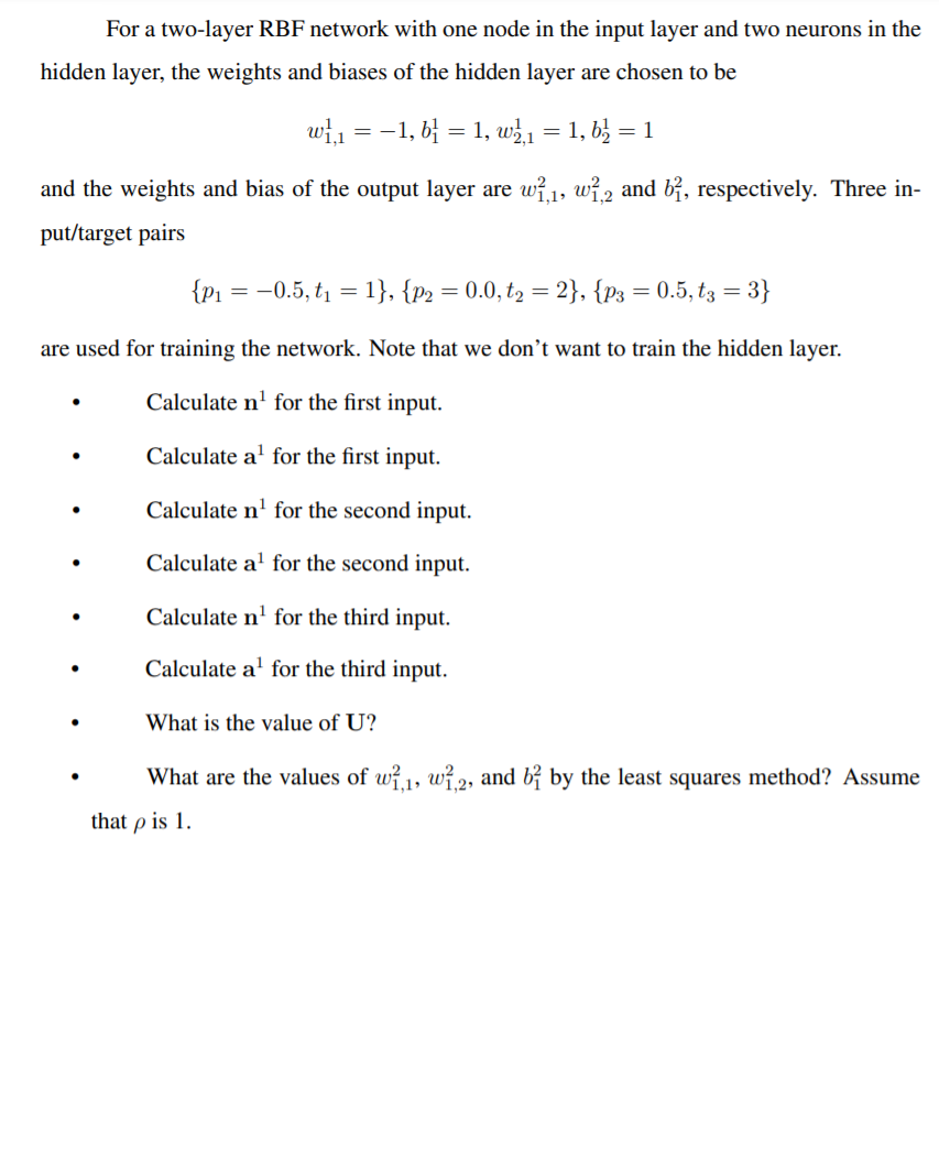 For a two-layer RBF network with one node in the | Chegg.com